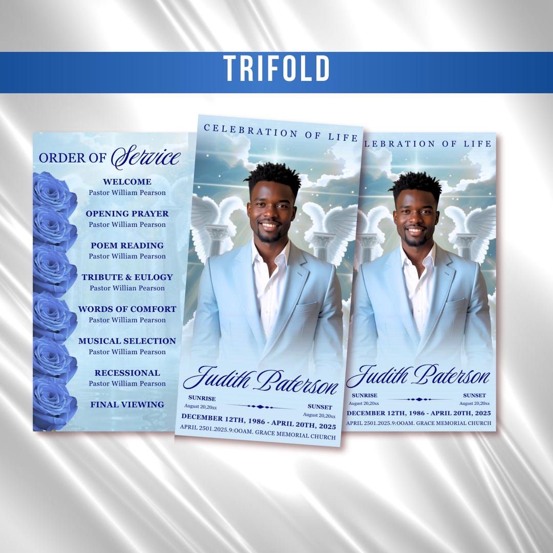 Light Blue Clouds Funeral Program: Trifold Memorial Template (17x11 ...