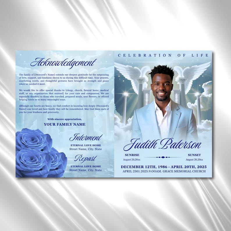 Light Blue Clouds Funeral Program Template: 8-page Memorial (canva ...