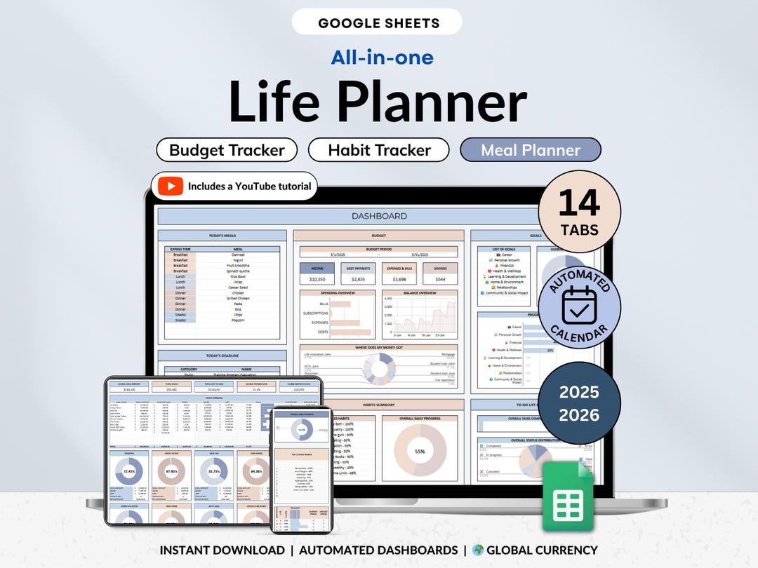 Digital Life Planner Google Sheets Meal Planner Savings Tracker Budget ...