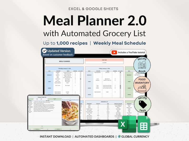Weekly Meal Planner Google Sheets Spreadsheet Automatic Grocery List ...