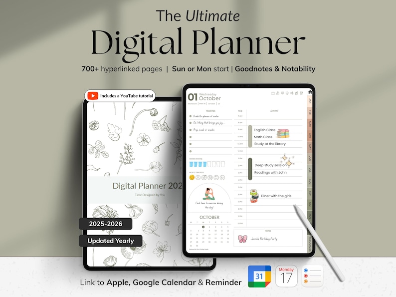 All-in-one 2025 2026 Digital Planner for iPad Android Goodnotes ...