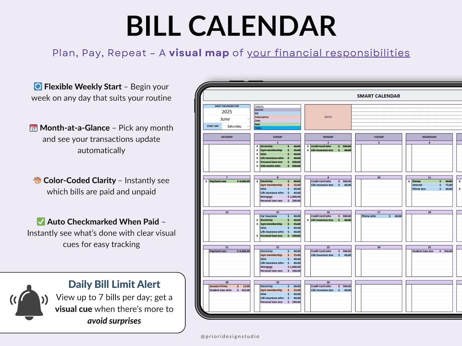 Bill Calendar 2025 2026 Bill Tracker Spreadsheet for Google Sheets and ...