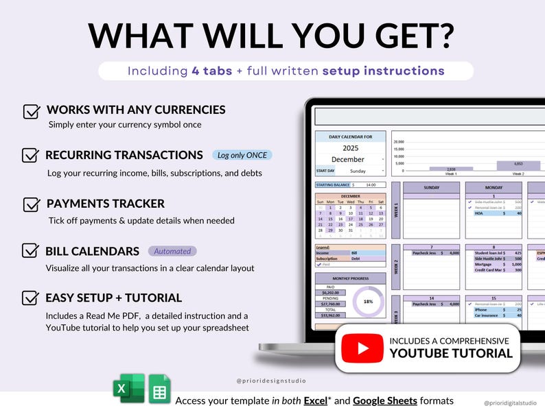 Bill Calendar and Bill Tracker Spreadsheet for Google Sheets & Excel ...