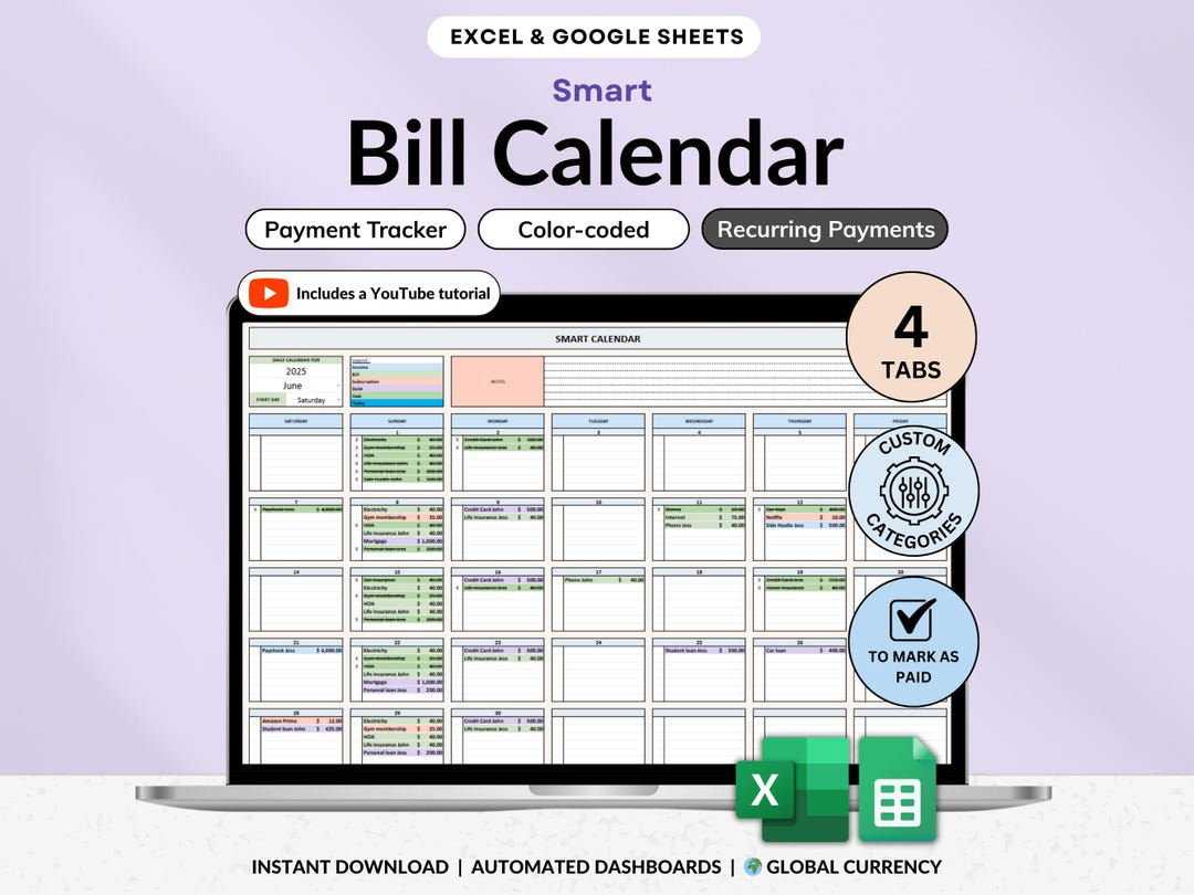Bill Calendar 2025 2026 Bill Tracker Spreadsheet for Google Sheets and ...