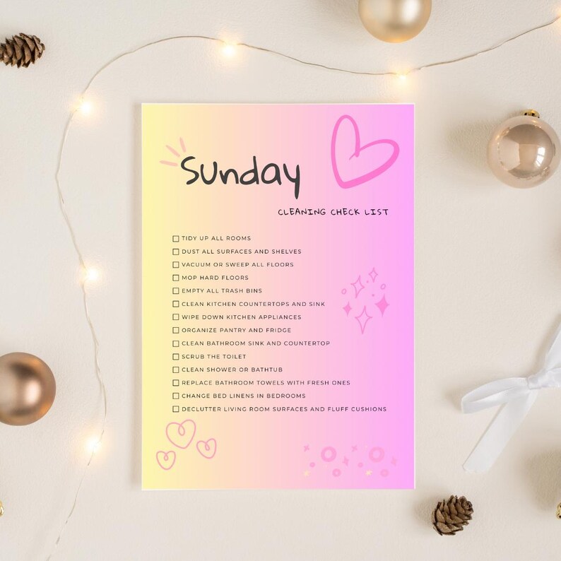 Sunday Cleaning Checklist, Printable Weekly Sick List, Pink Orange ...