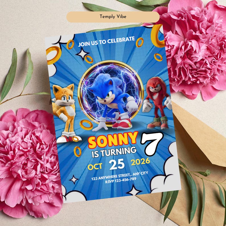 Sonic Birthday Invitation for Kids Party, Sonic the Hedgehog Boys Party ...