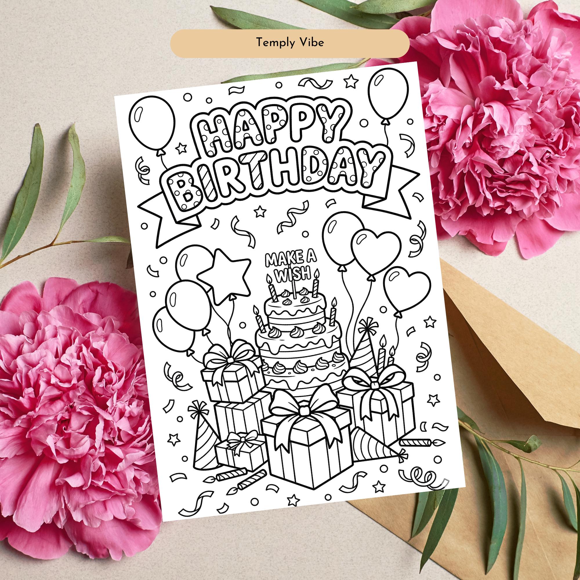 Happy Birthday Coloring Card DIGITAL | Colouring Greeting Card for Kids ...