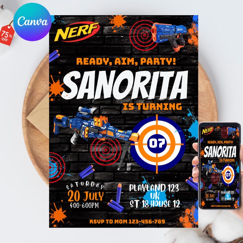 Kids Editable Nerf Birthday Invitation Template, Printable Birthday ...