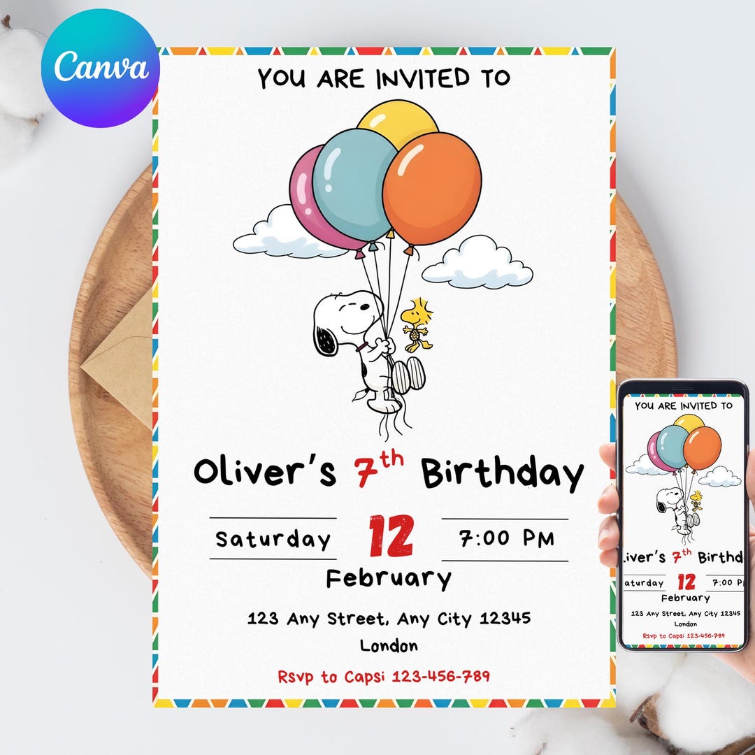 Snoopy Birthday Invitation, Editable in Canva, the Peanuts Birthday ...