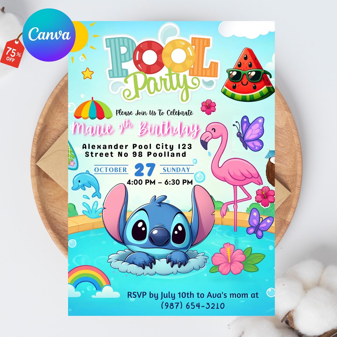 Editable Stitch & Pool Party Invitation, Birthday Pool Invite Stitch ...