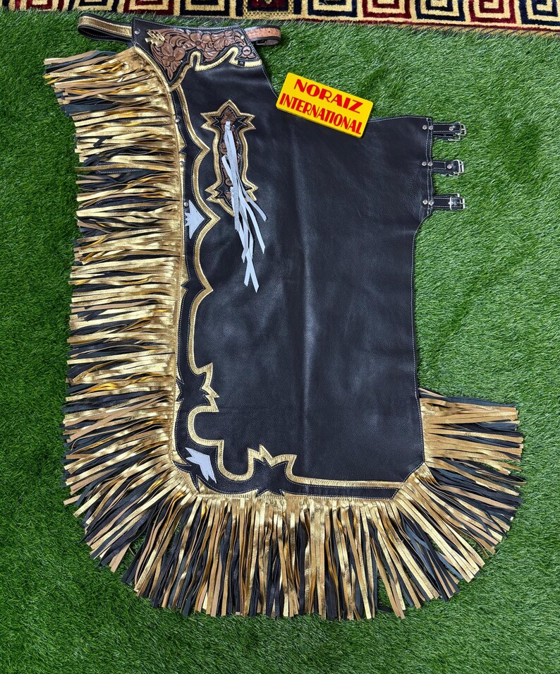 Western Leather Chaps Black & Gold Fringe Cowboy Rodeo - Etsy