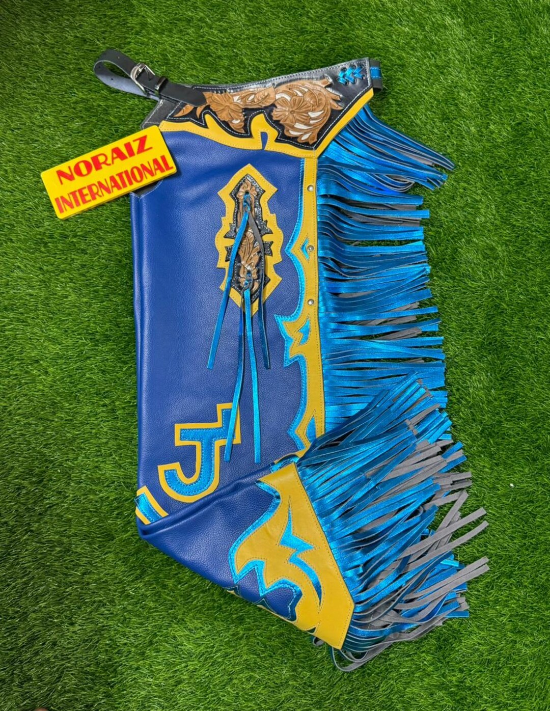 Custom Handmade Western Leather Chaps Rodeo Cowboy Fringe Blue & Yellow ...