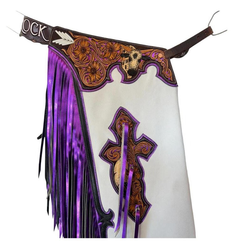Custom Western Rodeo Leather Chaps – White & Purple Fringe Cowhide ...