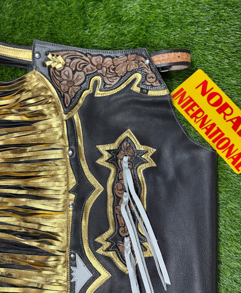 Western Leather Chaps Black & Gold Fringe Cowboy Rodeo - Etsy