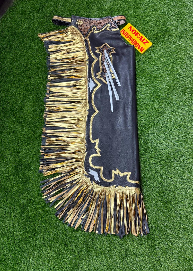 Western Leather Chaps Black & Gold Fringe Cowboy Rodeo - Etsy