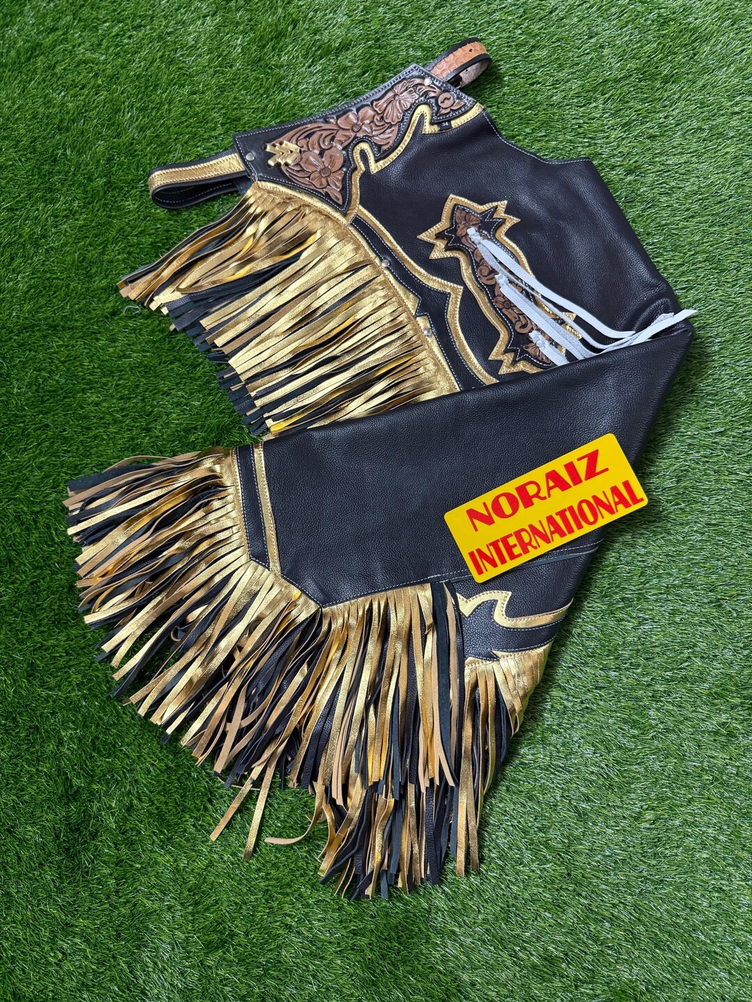 Western Leather Chaps Black & Gold Fringe Cowboy Rodeo - Etsy