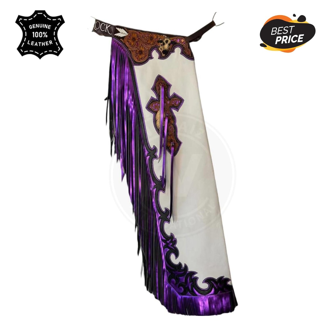 Custom Western Rodeo Leather Chaps – White & Purple Fringe Cowhide ...