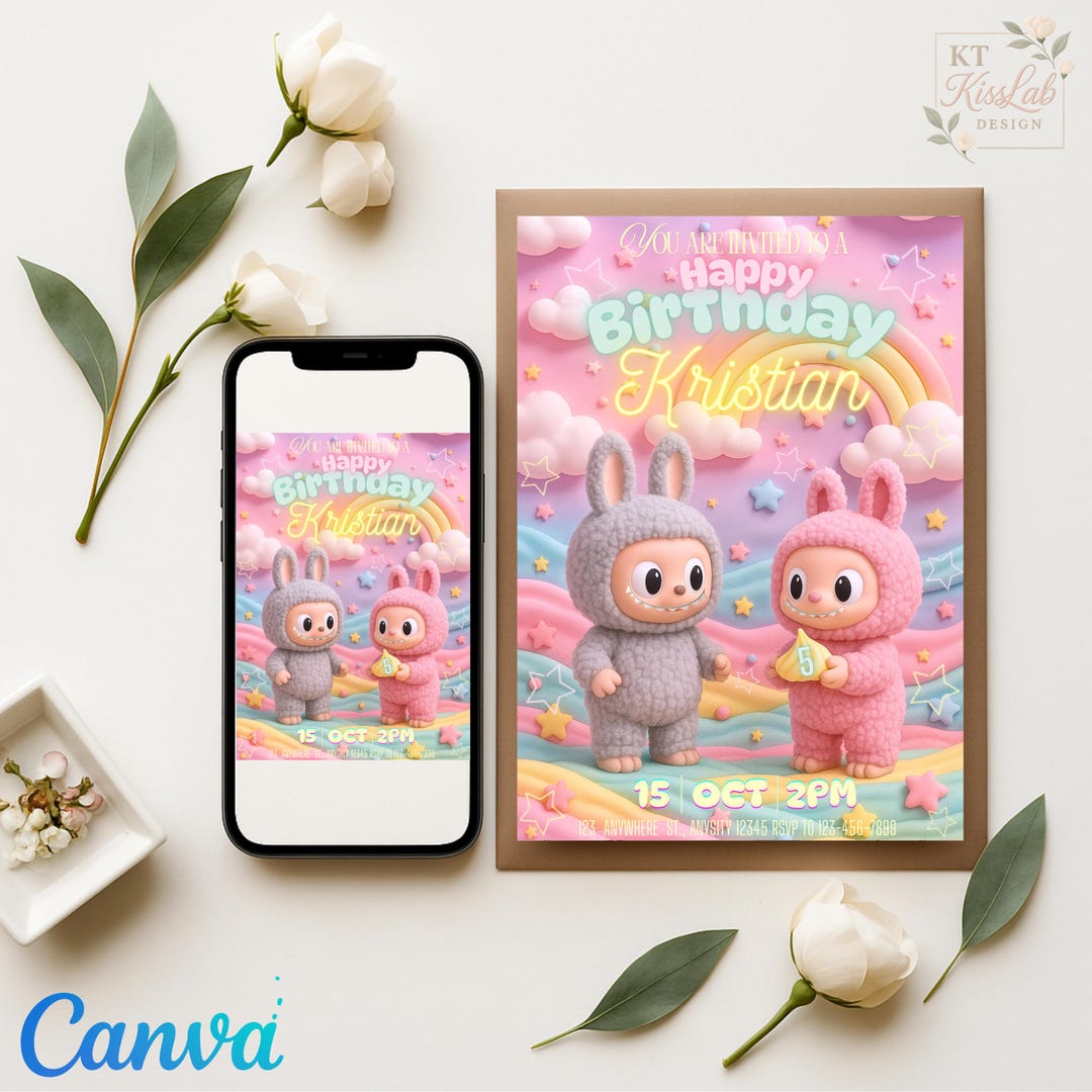 Rainbow Labubu Birthday Invitation: Pastel Party Template (digital ...