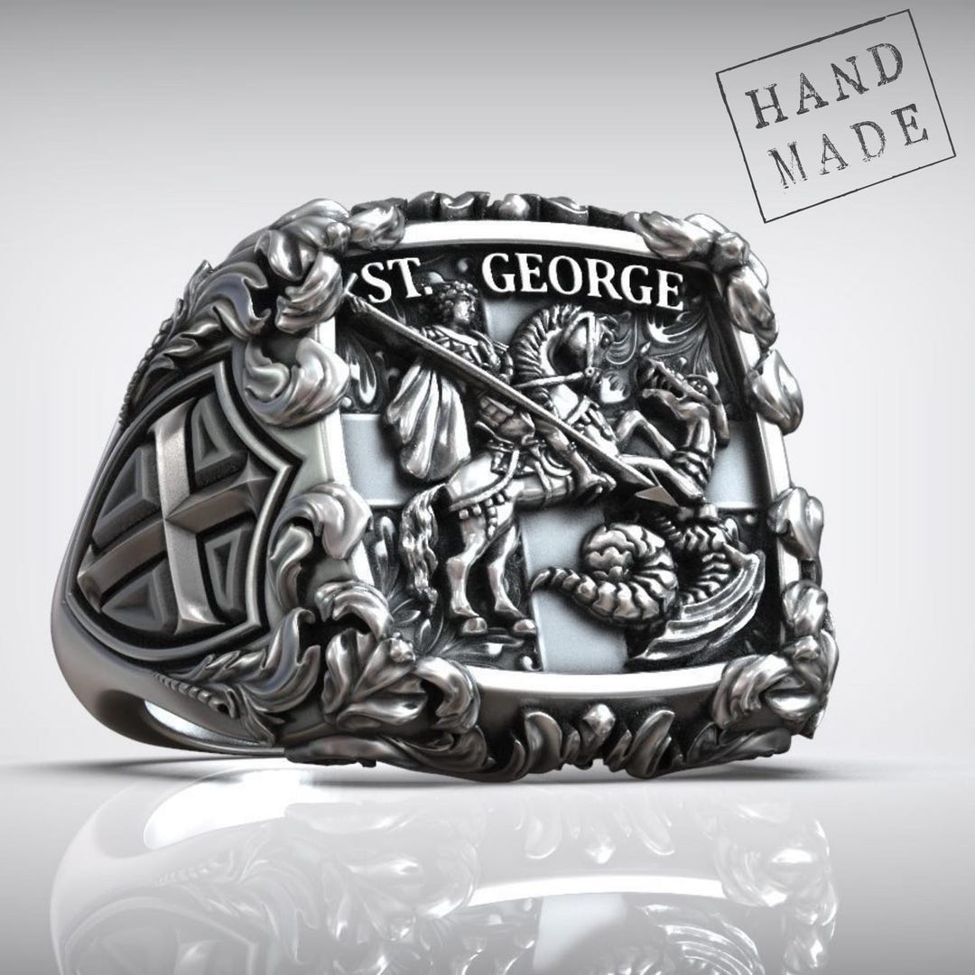 St George Knight Signet Ring, Dragon Slayer Ring, Christian Cross ...
