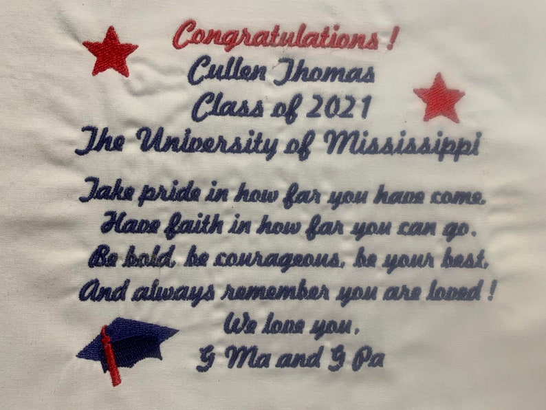Custom Embroidered Graduation Quilt Label With Stars and Graduation Hat ...