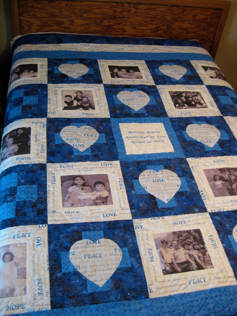 Memory Photo Quilt with embroidered Family name and Moto and | Etsy