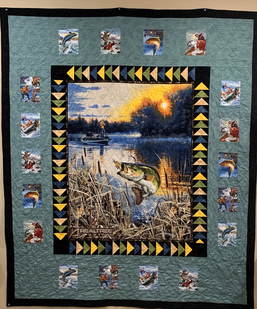 Fishing or Hunting Quilt With Large Bass Panel and Smaller Fishing ...