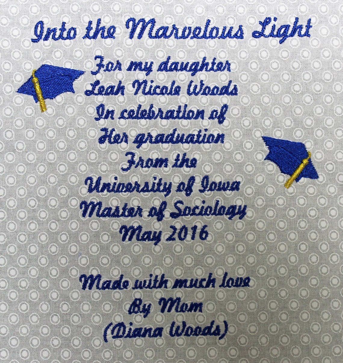 Embroidered Quilt Label: Graduation Theme With Hats in School Colors ...