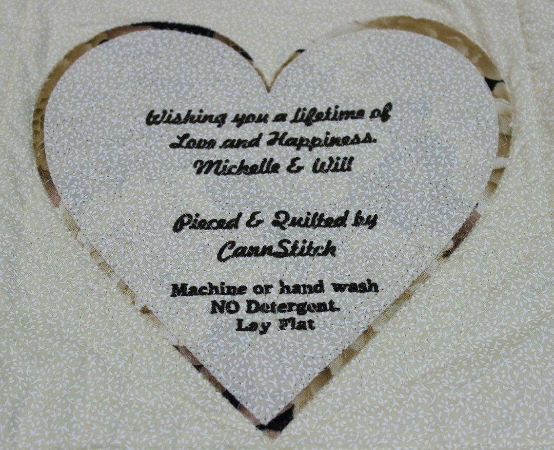 Large Wedding Quilt Label; Embroidered About 6 X 5.5 " With Custom Wording, and Embroidered ...