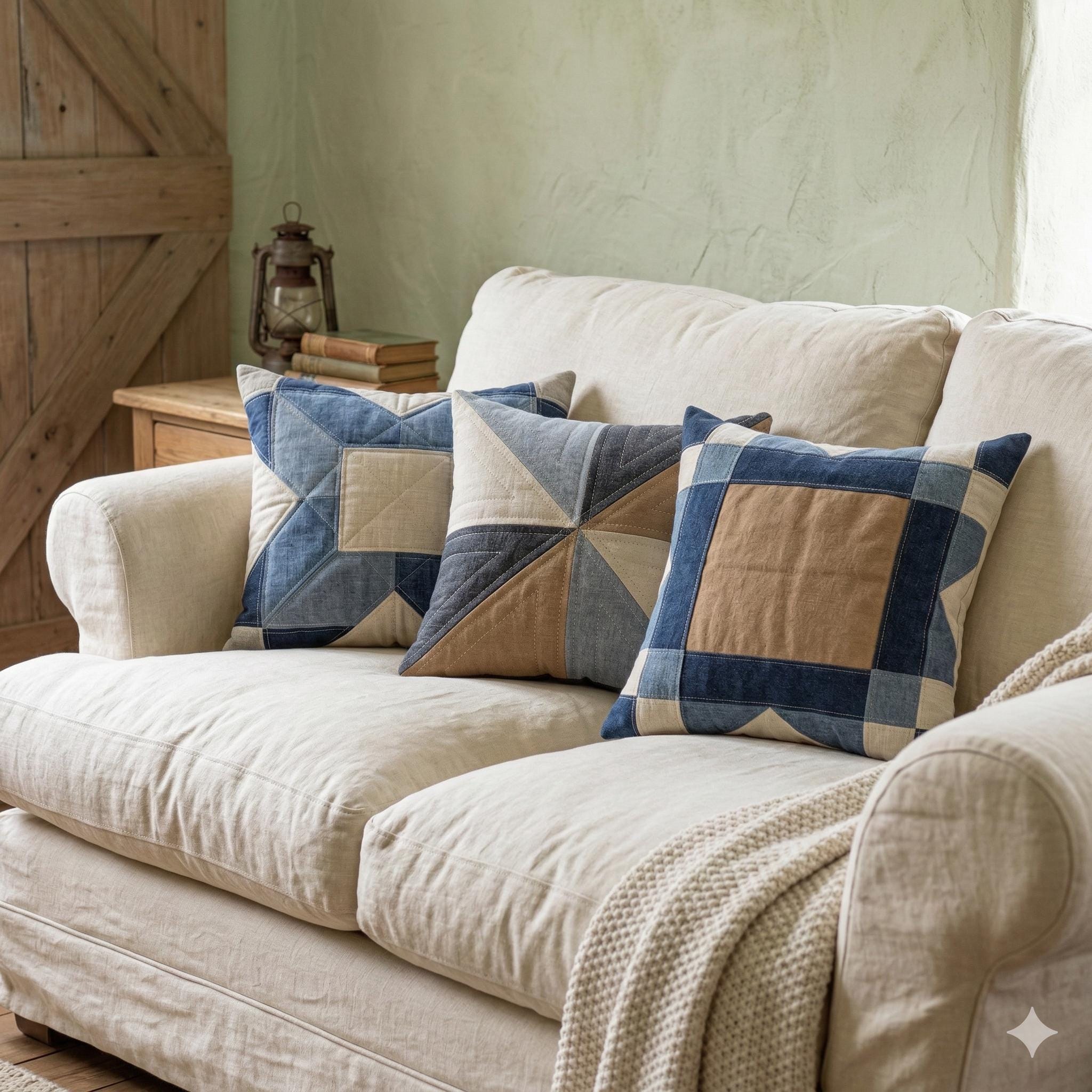 Barn Quilt Style Pillow Set | Rustic Farmhouse Faux Patchwork Throw ...