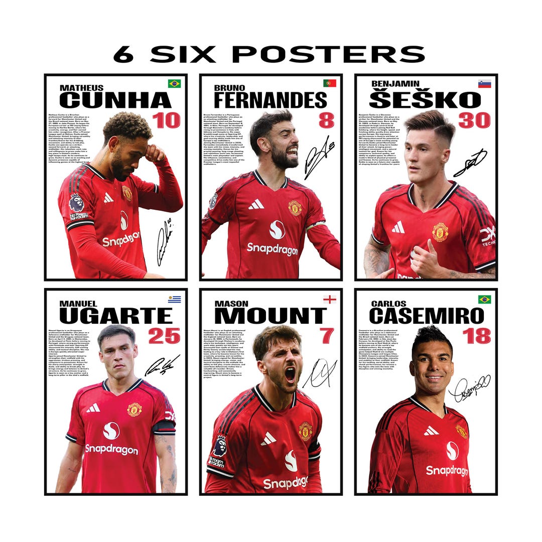 Football Team Poster Set, 6 Player Poster Bundle | Matheus Cunha, Bruno ...