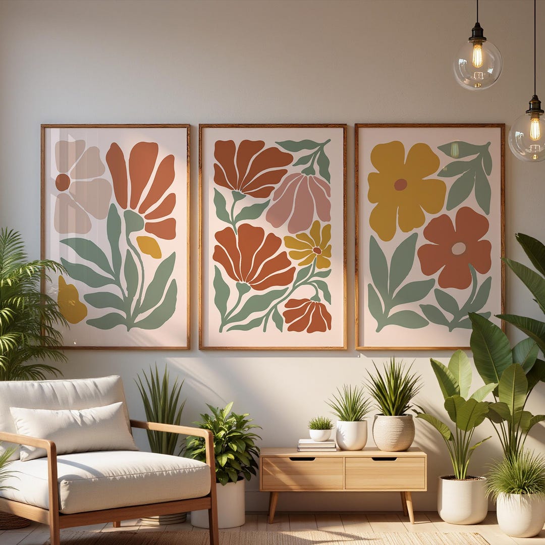 Boho Floral Wall Art Set of 3 Printable, Matisse Inspired Botanical ...
