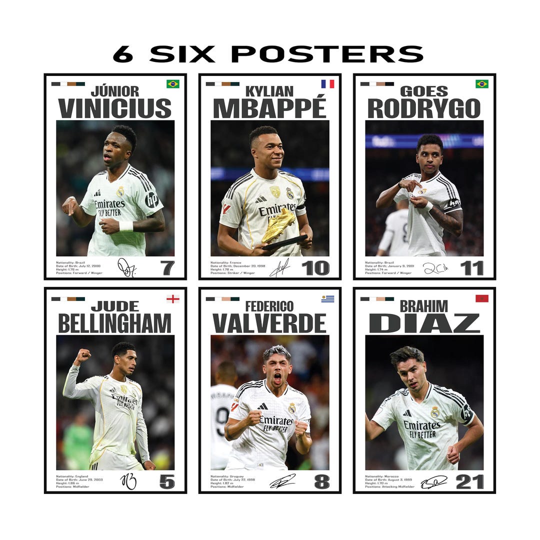 Football Poster Set of 6, Mbappé, Vinicius Jr, Bellingham, Rodrygo ...