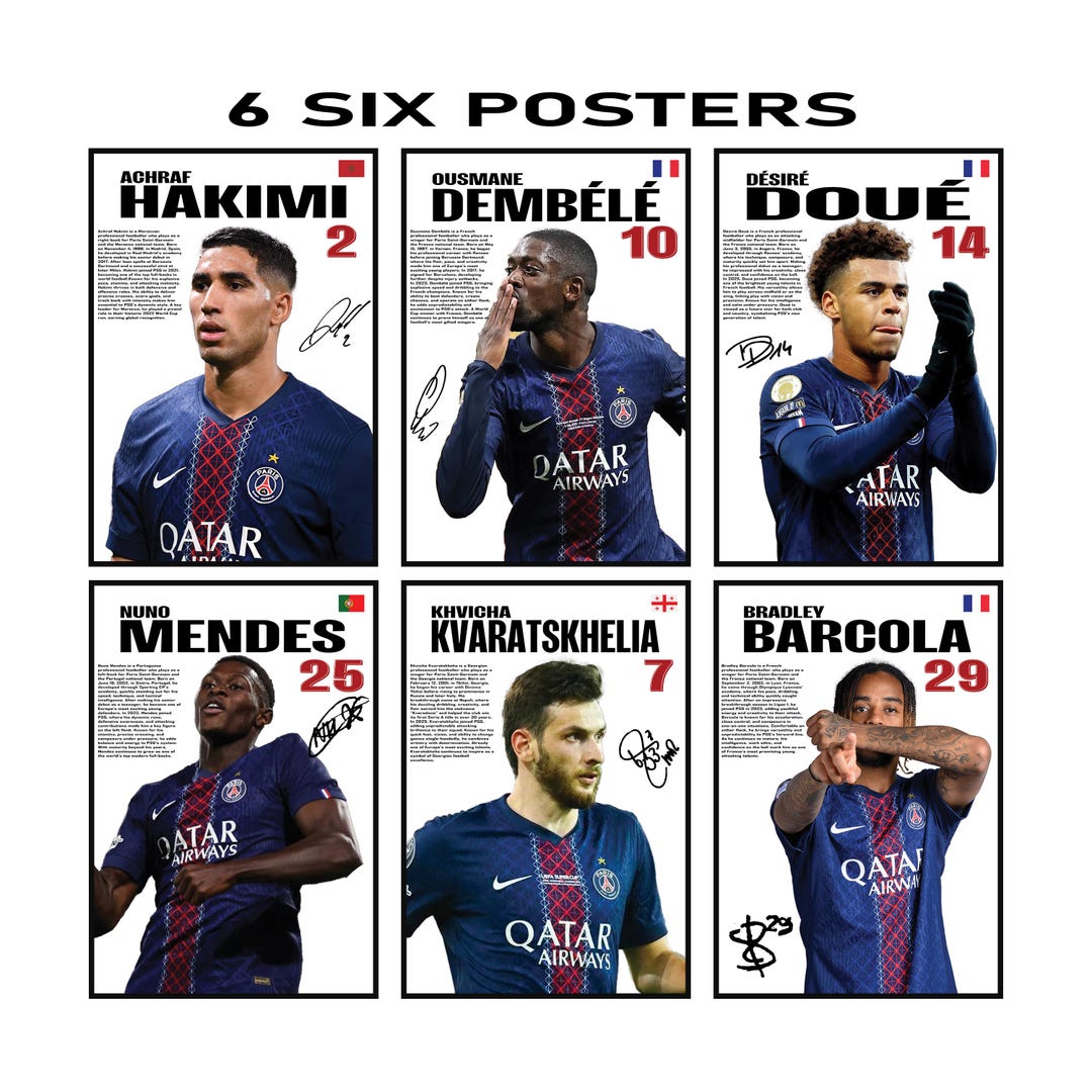 PSG 6 Posters, Paris Football Wall Art Set, Achraf Hakimi, Ousmane ...