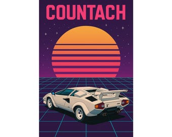 Lamborghini Countach Poster – Retrowave Synthwave Wall Art, 80s City ...