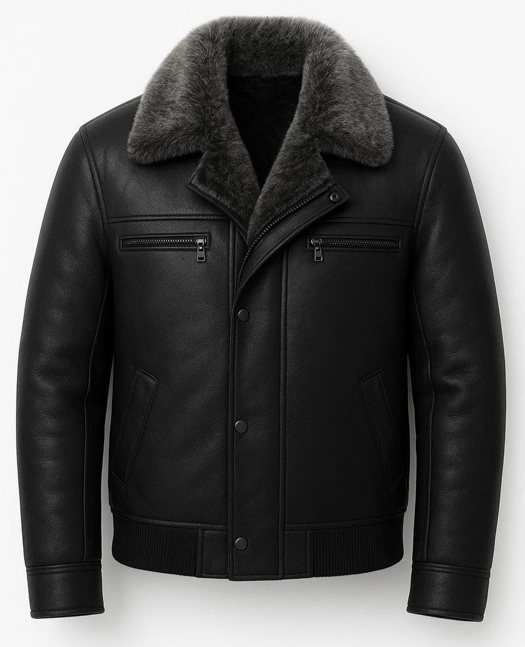 Men’s Black Shearling Faux Fur Real Leather Bomber Jacket: RAF Aviator ...