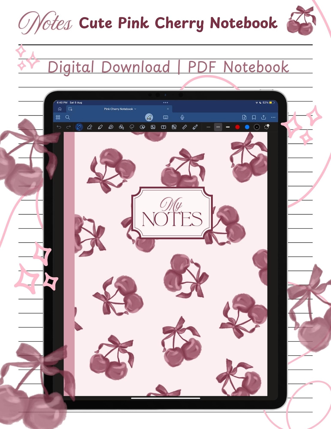 Simple Pink Cherry Digital Student Notebook for iPad Android Tablet ...