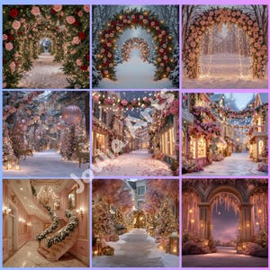 Pink Christmas Village Print Set, Snowy Holiday Decor (digital Download ...
