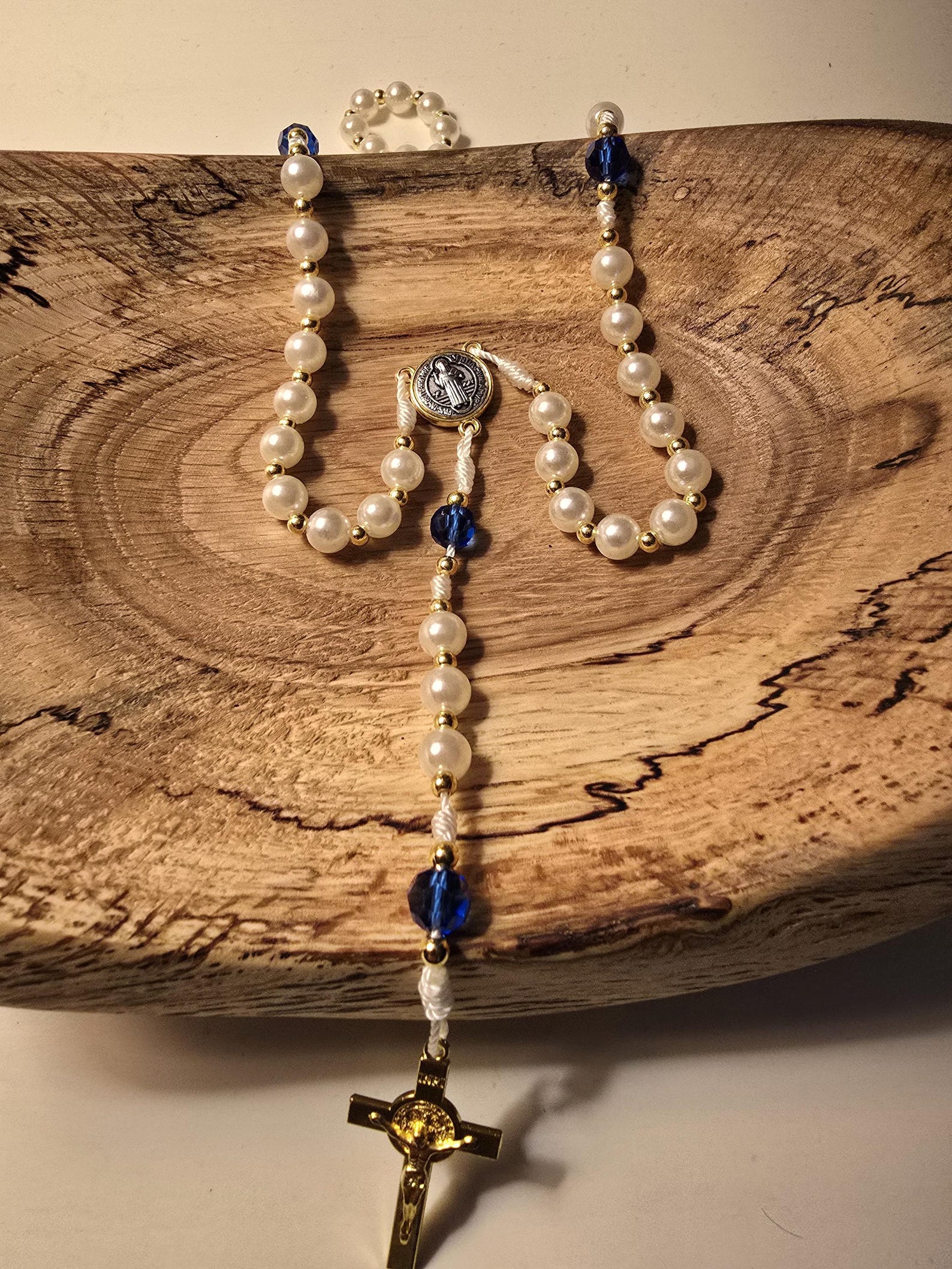 Ivory Pearl Rosary With Gold Spacers and Crucifix, Sapphire Blue Glass ...