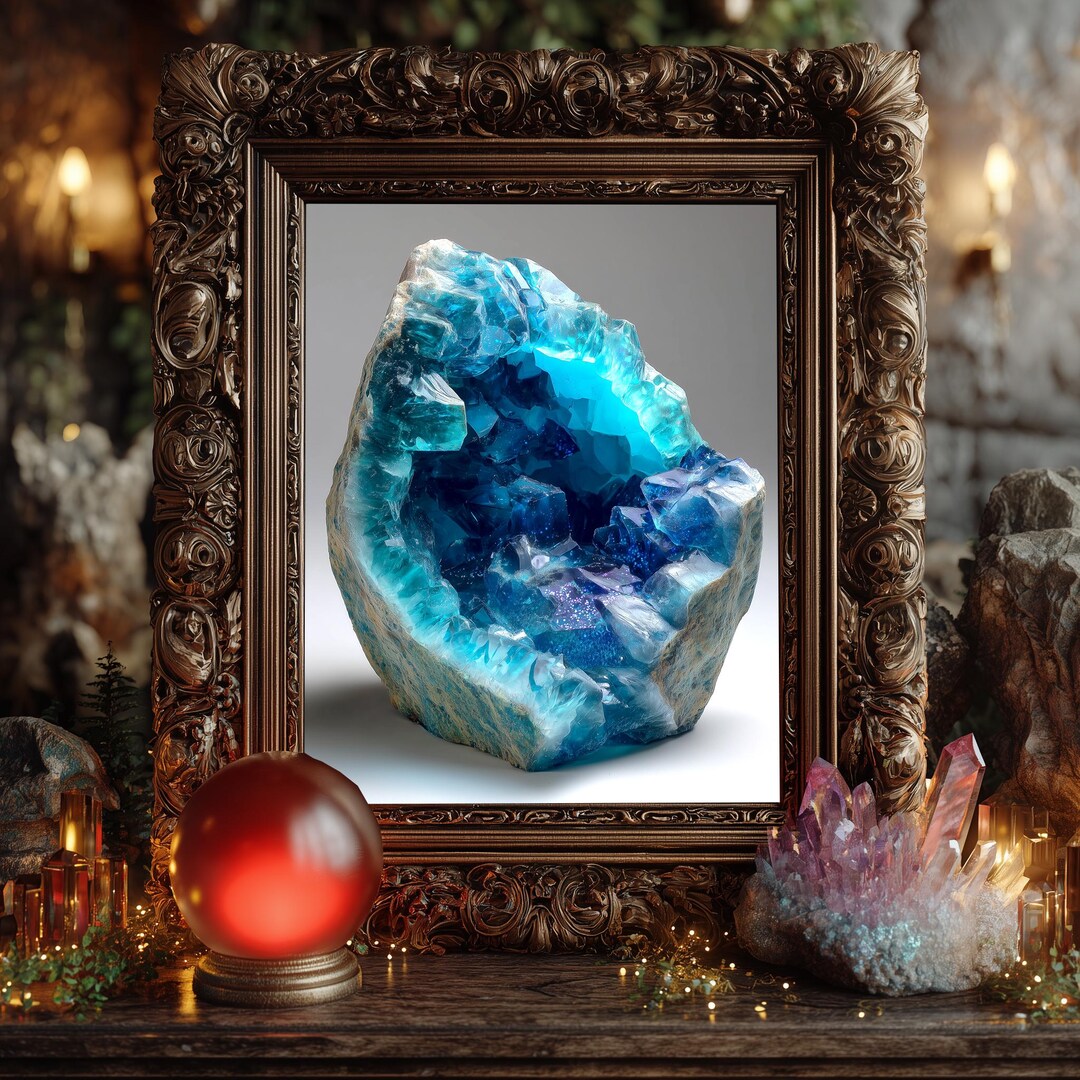 Printable Deep Aqua Geode Cluster Art - Mystic Water Elemental Gemstone ...