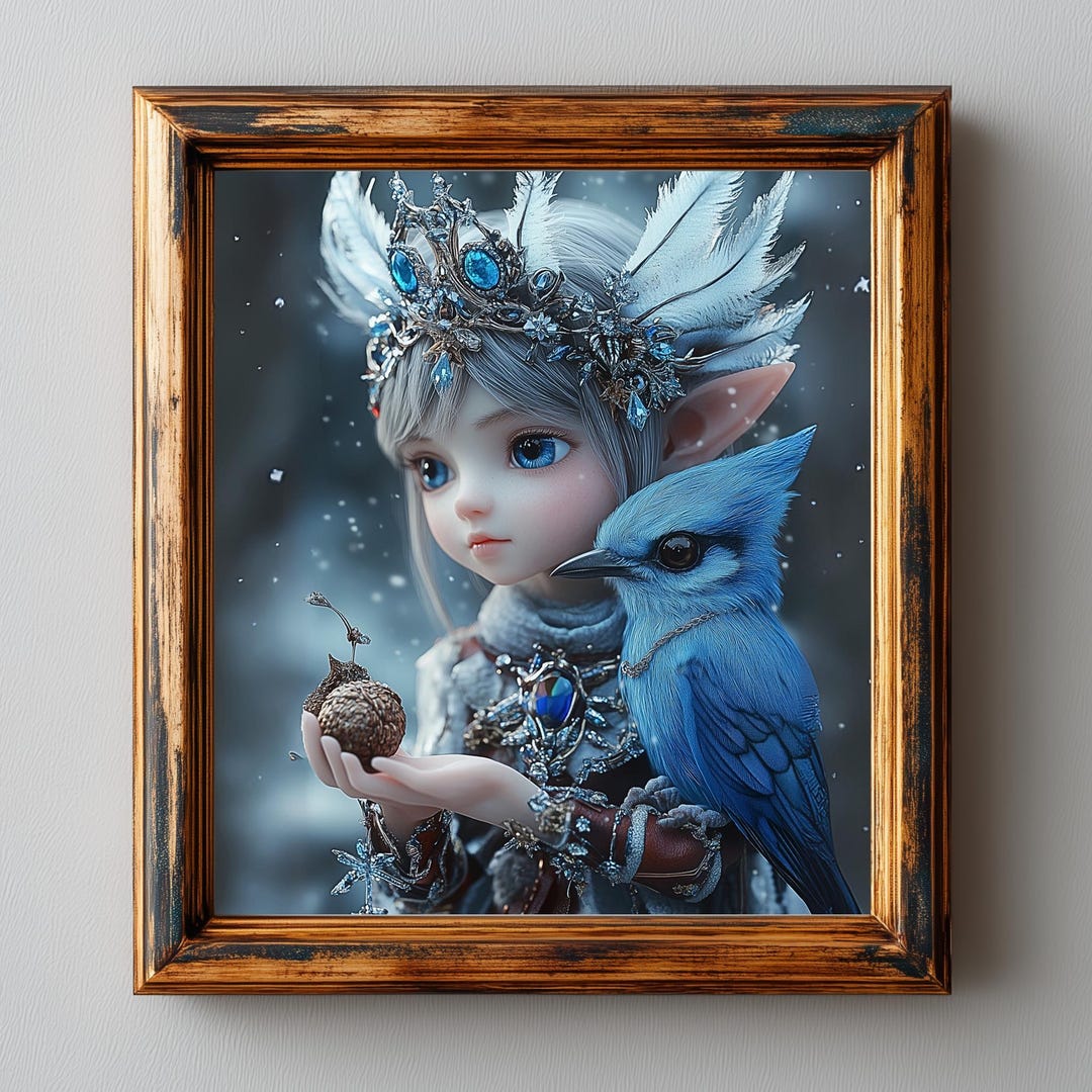 Printable Winter Fantasy Art, Elf With Bluebird in Snow, Magical Forest ...
