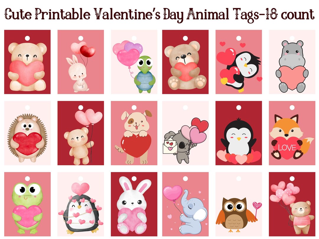 Cute Valentine's Day Animal Printable Tags 18 Count - Etsy