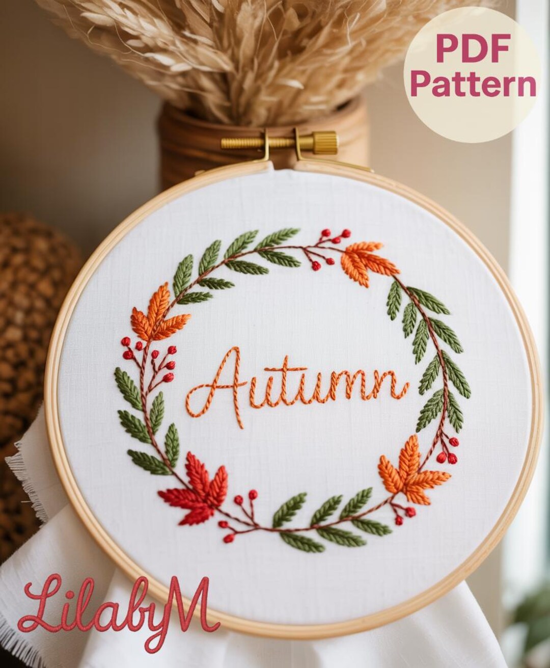 Autumn Wreath Hand Embroidery Pattern: Leaves & Berries Hoop Art (PDF ...