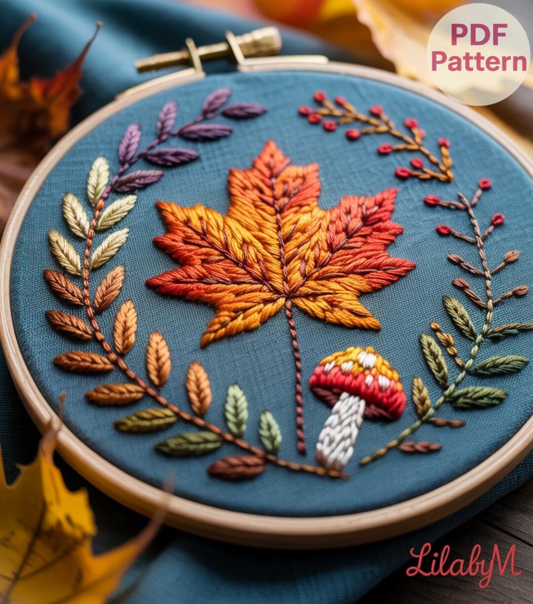 Autumn Maple Leaf Embroidery Pattern: DIY Fall Wreath With Mushroom ...