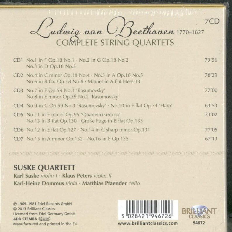 Beethoven Complete String Quartets, Suske Quartett (7 X Audio CD) - Etsy