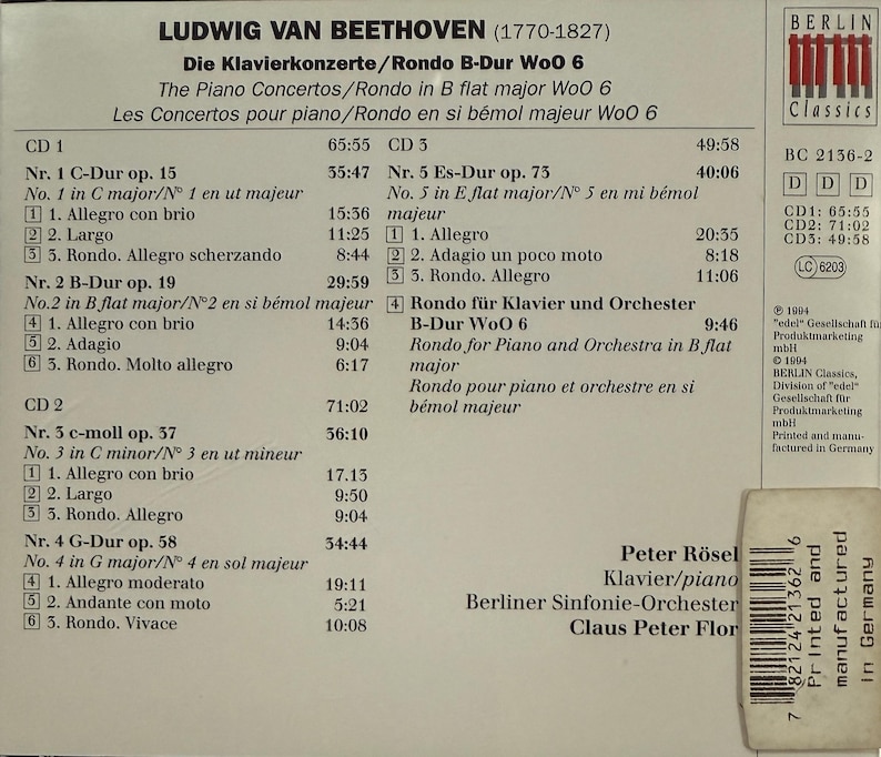 Beethoven Piano Concertos, Peter Rosel, Berlin Classics Germany (2 X ...