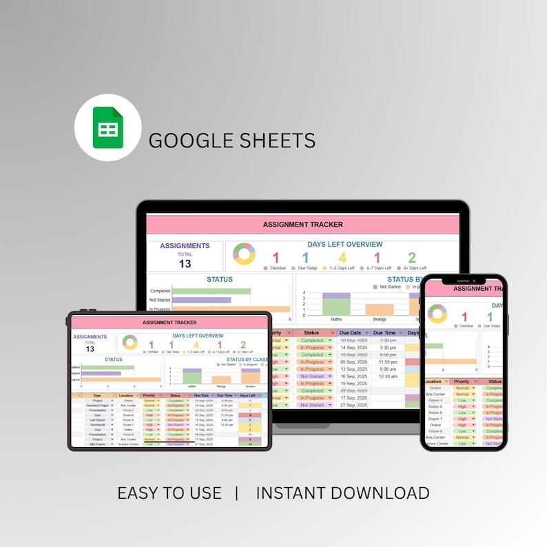 Assignment Tracker Google Sheets Digital Student Planner Spreadsheet ...