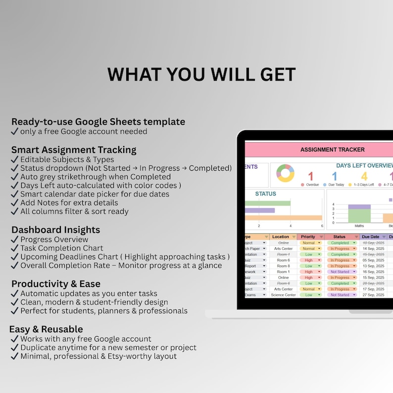 Assignment Tracker Google Sheets Digital Student Planner Spreadsheet ...