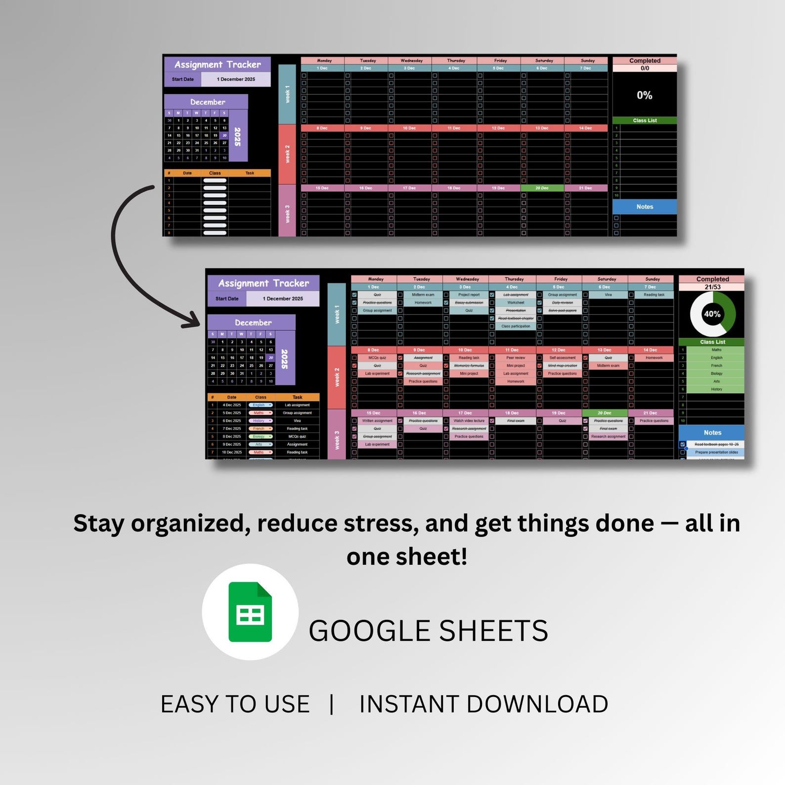 Monthly Assignment Calendar Tracker Google Sheets | School Academic ...