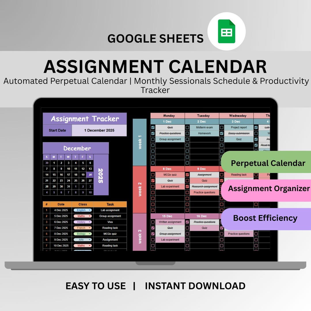 Monthly Assignment Calendar Tracker Google Sheets | School Academic ...
