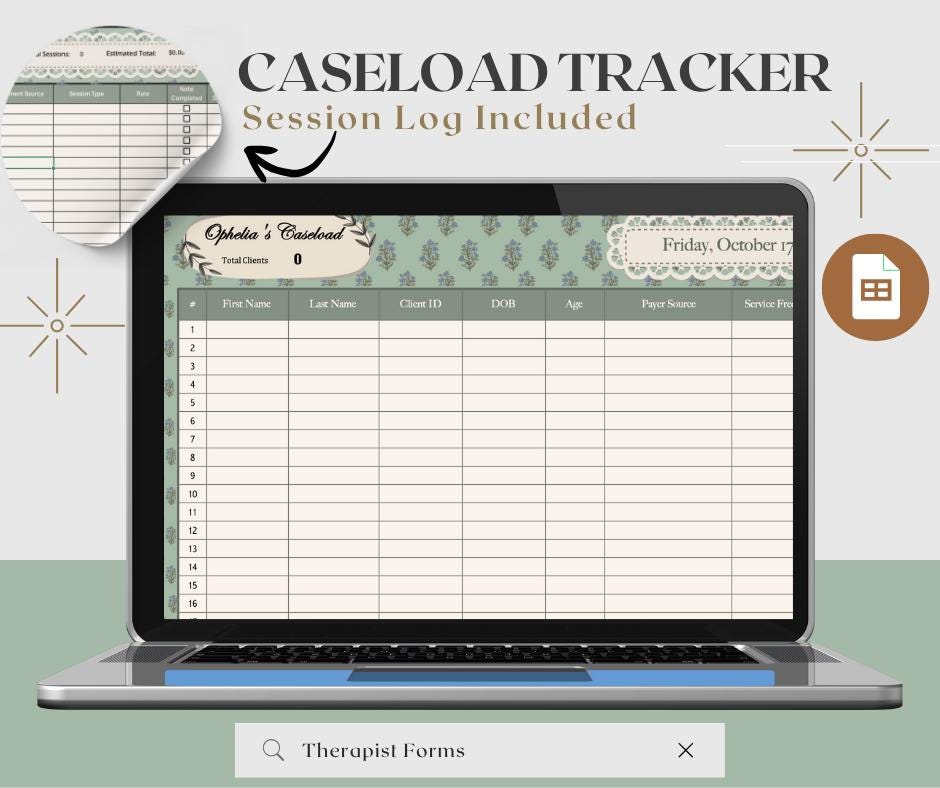 Vintage Caseload Tracker | Therapist Client Log Spreadsheet ...